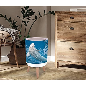 JWHFZMANPYK Round Trash Can with Lid Beluga Whale Press Top Recycle Bin Small Garbage Can Dog Proof Wastebasket Wooden Legs Bathroom Kitchen 7L/1.8 Gallon