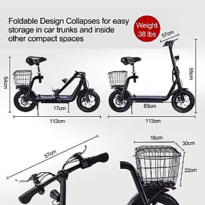 TOXOZERS Electric Scooter with Padded Seat - 500w Brushless Motor - 36V10Ah Lithium Ion - Up to 15 mph - 10~15Mile Range(weight dependent) - Wheel Drive - shopping basket - 12" Air-Filled Tires(Black)