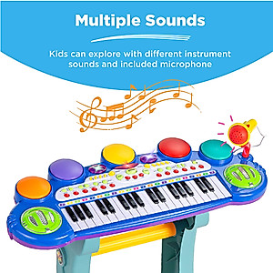 Best Choice Products 37-Key Kids Electronic Musical Instrument Piano Learning Toy Keyboard w/Multiple Sounds, Lights, Microphone, Stool - Blue