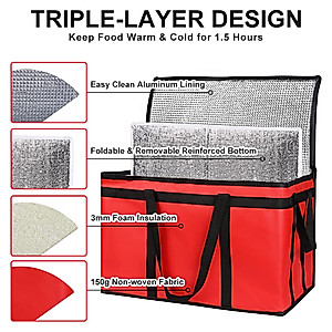 CIVJET 2-Pack Insulated Food Delivery Bag with Hard Bottom, XXX-Large Insulated Reusable Grocery Cooler/Hot Bags, Tote Bag for Shopping/Travel/Doordash, Red