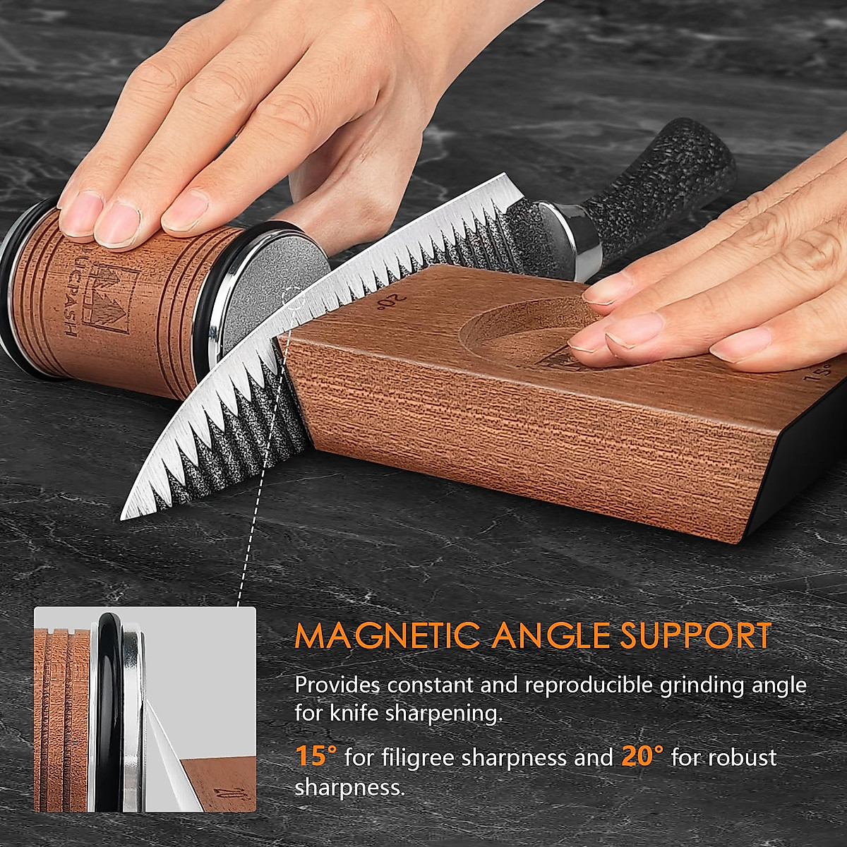 JUCPASH Rolling Knife Sharpener Kit for Straight Edge - Knife Sharpening with Leather Strop, Diamonds Discs and 15 & 20 Degree Magnetic Angles, Roller Knife Sharpener System for Kitchen Knives