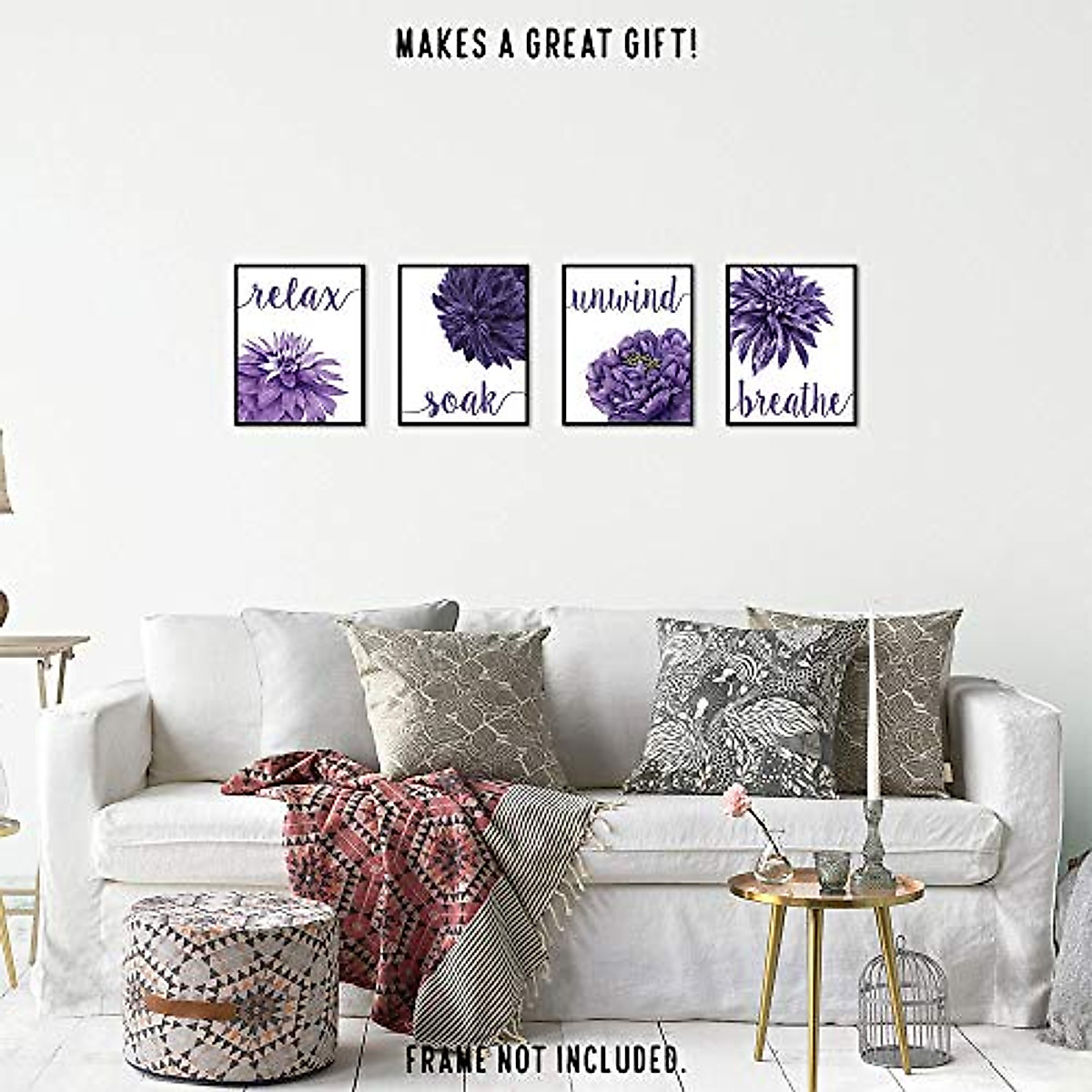 Flower Prints Relax Soak Unwind Breathe Purple Blend, 4 (8x10) Unframed Photos, Wall Art Decor Gifts Under 20 for Home Office Bathroom College Student Teacher Friends Floral Garden Yoga Inspired Fans