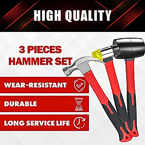YIYITOOLS 3 Pcs Hammer Set,16oz Rubber Mallet,16oz Claw Hammer and 40mm Double Faced Soft Hammer With Shock Reduction Grip Fit for Indoor and Outdoor Furniture Decoration