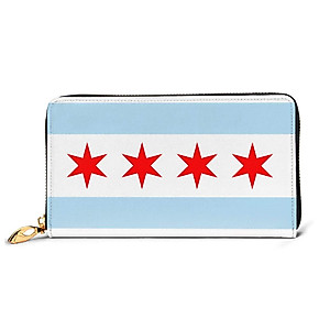 Chicago Flag Ladies Long Wallet Genuine Cowhide Zip Closure Card Slot Wallet