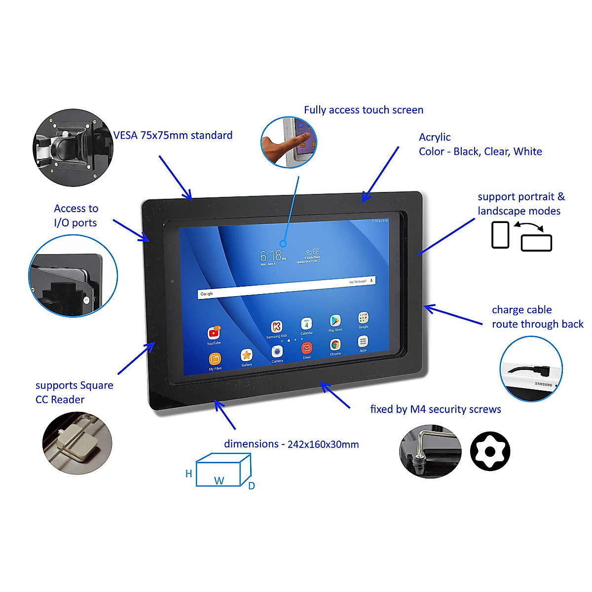 TABcare Anti-Theft Acrylic VESA Case for Samsung Galaxy TAB 8" Tablet with Wall Mount Kit (TAB A 8.0 2019 SM-T290, Black)