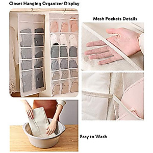 Home Closet Hanging Organizer Mesh Pockets Dual Sided Wall Shelf Wardrobe Storage Bags for Bra Underwear Socks Jewelry Gadget Included 2 Hooks 2 Clothes Hanger Connector Hooks (Beige, 15 Pockets)