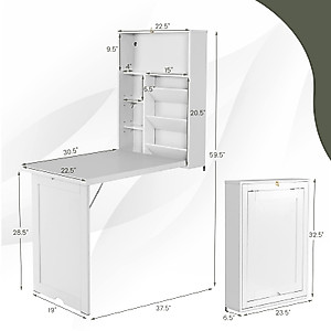IFANNY Folding Wall Mounted Desk, Fold Down Desk with Storage Shelves, Wood Convertible Desk for Small Spaces, Murphy Desk Wall Mount, Floating Desk for Home Office (White)