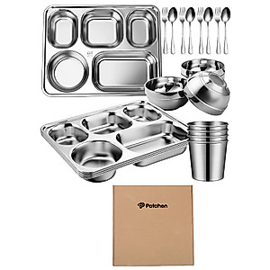 20 Pcs Stainless Steel Dinnerware Set, Including Stainless Steel Rectangular Divided Dinner Tray Spoons and Forks Set Silver Stainless Steel Cups and Stainless Steel Bowl for Home Kitchen Restaurant