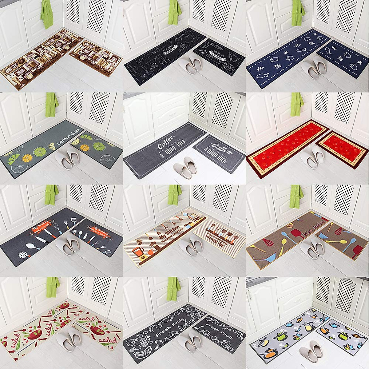 Carvapet 2 Pieces Non-Slip Kitchen Mat Set Rubber Backing Doormat Runner Rug Set, Fruit Design (Grey 15"x47"+15"x47")