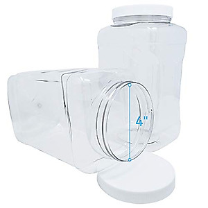 Kelkaa 1 Gallon Clear PET Plastic Square Wide Mouth Jars with Grip Handle and White Ribbed Lined Caps, BPA Free, Multi-Use Containers, Household Dried Food Canisters, Made in the USA (Pack of 2)