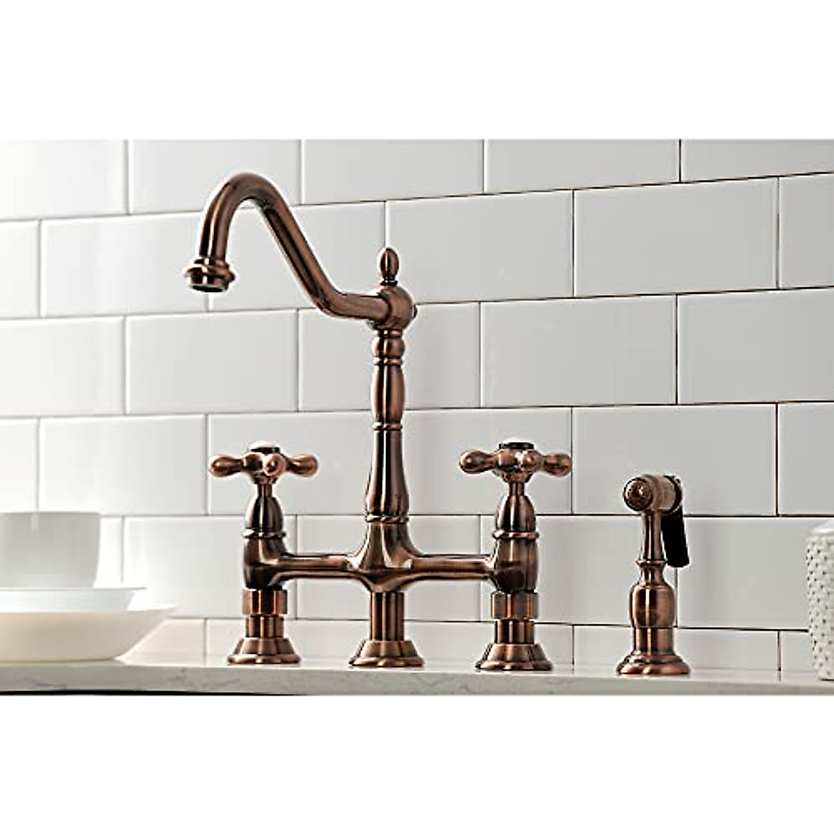 Kingston Brass KS127AXBSAC Heritage Bridge Kitchen Faucet, Antique Copper, 11.19 x 8.56 x 13.13
