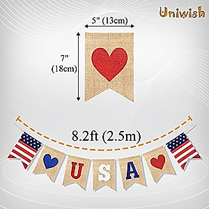 Uniwish USA Banner Burlap Bunting 4th of July Decorations American Independence Day Celebration Red White and Blue Theme Party Supplies