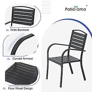 Patiorama Aluminum Outdoor Dining Chairs Set of 4, Stackable Outdoor Patio Chairs Set of 4, All-Weather Bistro Chair with Armrest, Faux Wood Outdoor Dining Chairs for Indoor Yard Garden-Black