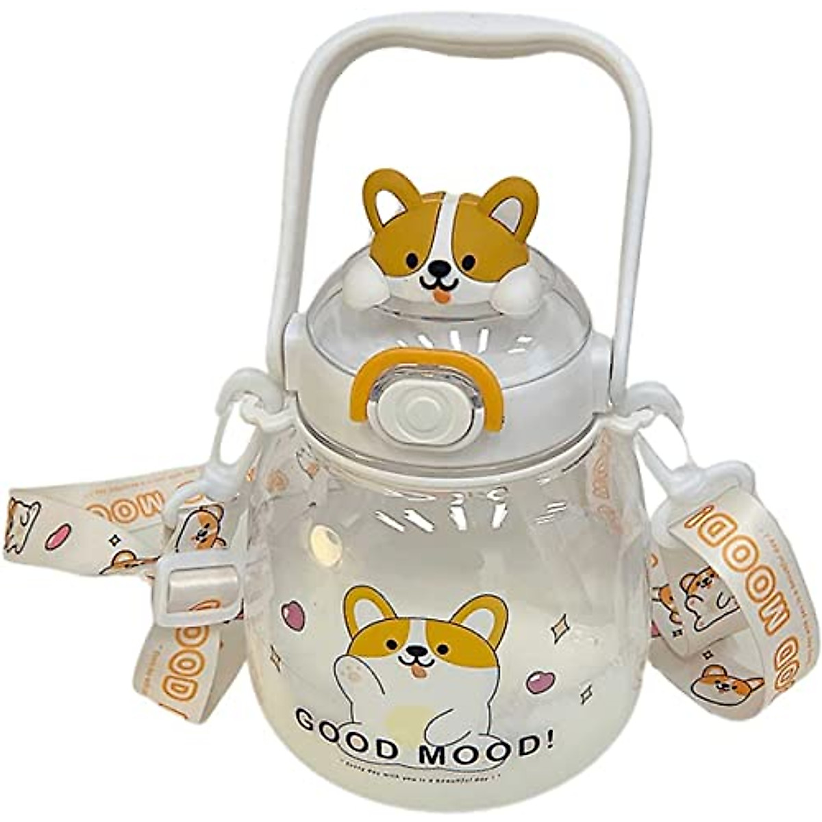 NioiiLife Kawaii Water Bottle with Handle Shoulder Strap & Straw for Carrying Leakproof Cute Animal-Themed Large Drinking Jug 1.3L (Corgi)