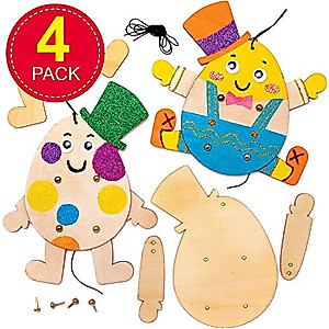 Baker Ross AT446 Easter Egg Man Wooden Puppet Kits - Pack of 4, Story Telling, Woodcraft Painting for Kids, Great for Art Parties, Schools and Festive Crafting Activities
