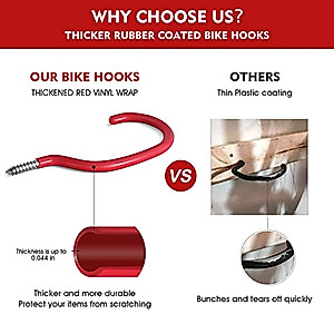 ROTHLEY Garage Hooks Heavy Duty : Bike Hooks for Garage Wall Ceiling Thickened Vinyl Coating Bike Hangers for Garage Large Screw in Storage Hooks Bicycle Hooks for Hanging in Garage (8 Pack,Red)