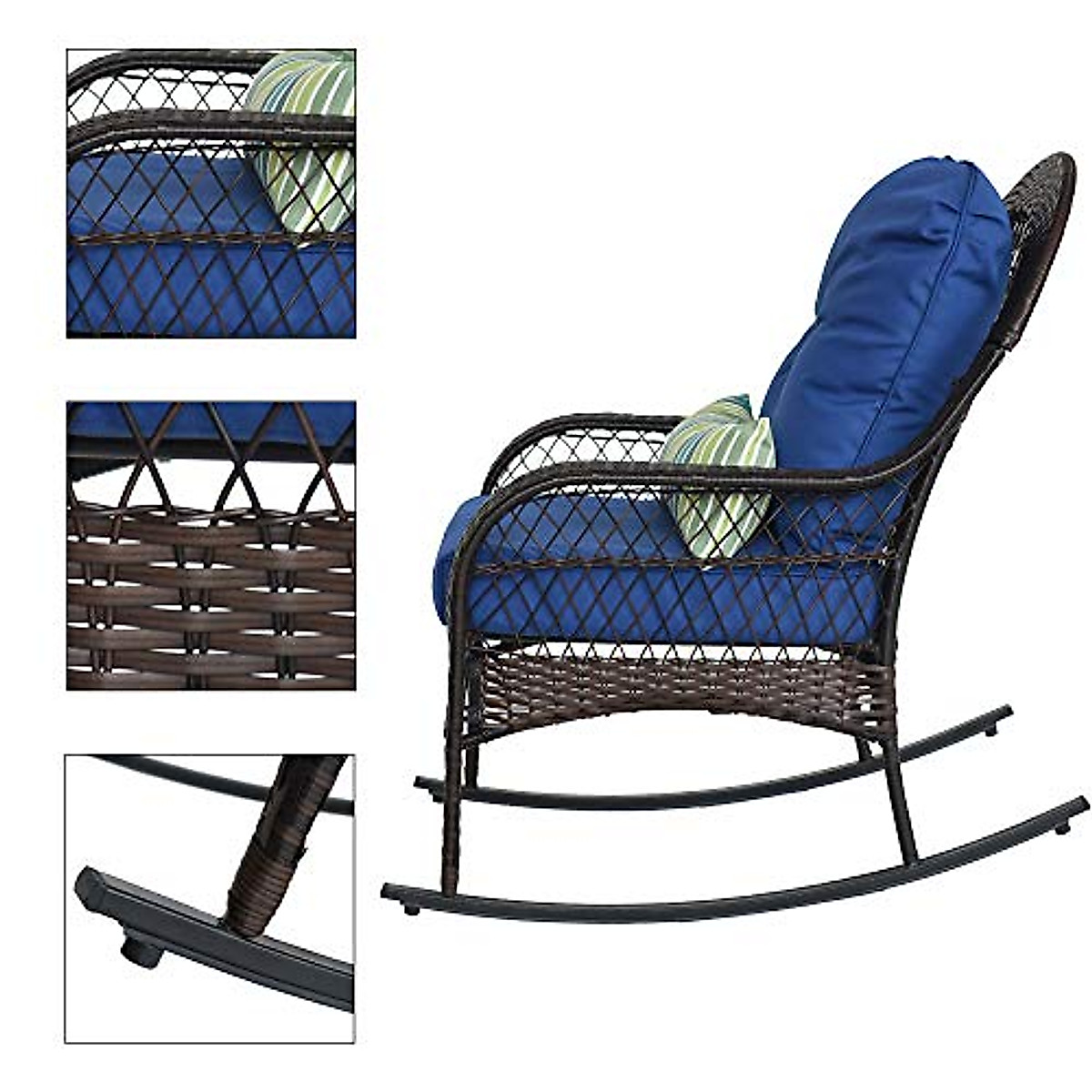 Sundale Outdoor Wicker Rocking Chair Rattan Outdoor Patio Yard Furniture All- Weather with Cushions & Lumbar Pillow (Navy)