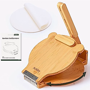 Ackitry Rotatable Tortilla Press 10 Inch, Bamboo Tortilla Press Maker with 100 PCS Parchment Paper for Homemade Mexican Tortillera, Roti, Chapati, Taco, Pataconera, Burritos and Dough Press
