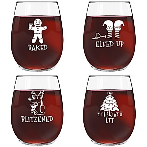 Drunk Christmas Funny Stemless Wine Glasses Set of 4 | Hilarious Christmas Themed Wine Glass for Holiday Party | 4 Designs | 15 oz Cheerful Party Cups & Gift Exchange Idea for White Elephant, Xmas
