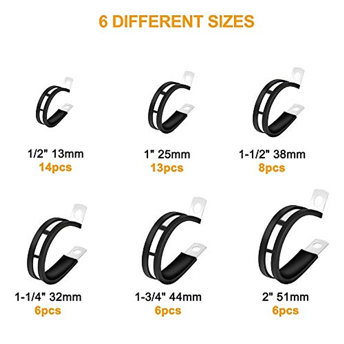 VIGRUE 53pcs Cable Clamps Assortment Kit, 304 Stainless Steel Rubber Cushion Pipe Clamps in 6 Sizes 1/2'' 1'' 1.25'' 1.5'' 1.75'' 2''