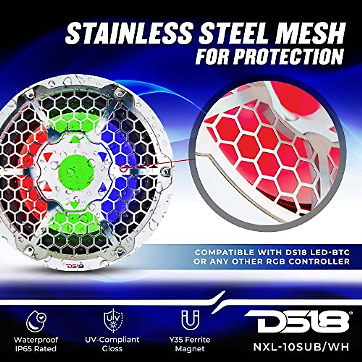 NXL 10" Marine Subwoofer with LED RGB Lights 300 Watts Rms SVC 4-Ohm -White