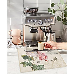 Pink Rose Floral Leaf Vintage Letter Coffee Mat Coffee Maker Mat,Super Absorbent Coffee Bar Accessories,Pastoral Flower Dragonfly Non-slip Coffee Station Mat Dish Drying Pad,16x18in