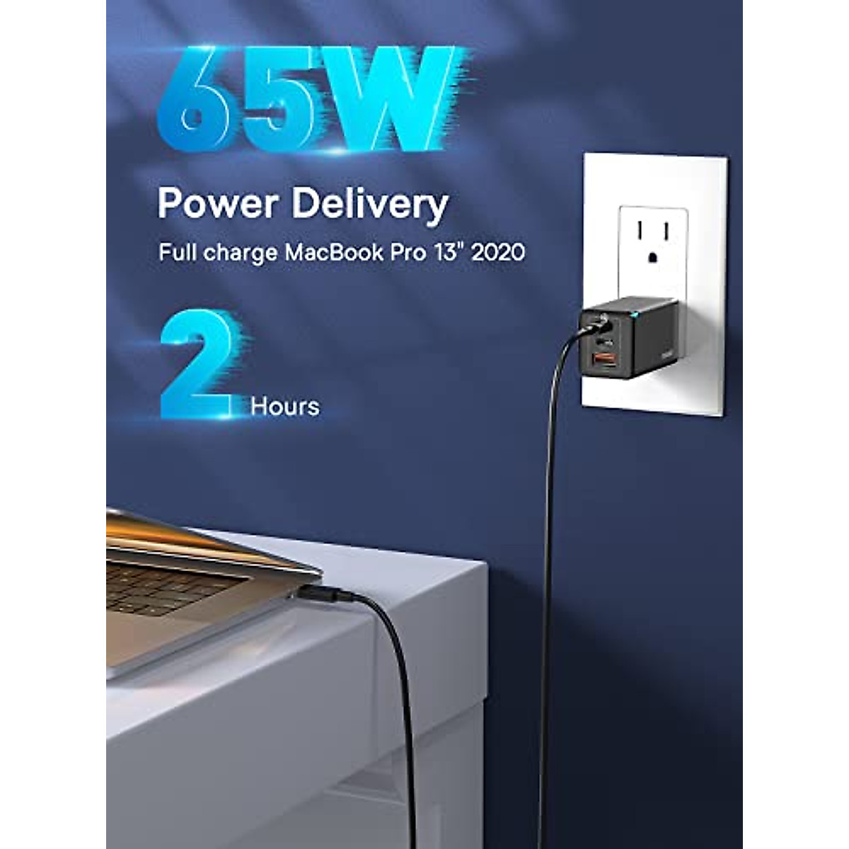 Baseus USB C Charger, 65W 3 Port Foldable USB C Wall Charger, Fast PD GaN Charger for iPhone 14/14 pro/13 Pro/13 Pro Max/SE/Mini/11/XR/XS, Steam Deck, Samsung S22+/S22, MacBook, iPad, Pixel 6, Black