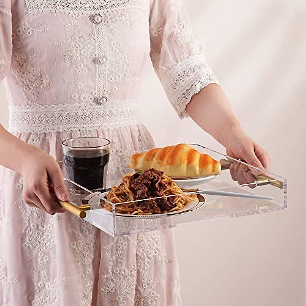 Lyellfe Acrylic Serving Tray with Gold Handles, 14 x 11 Inch Lucite Tray for Coffee Table, Spill-Proof Clear Food Serving Tray for Breakfast, Coffee, Cosmetic or Magazine