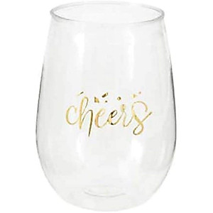 Unique Gold "Cheers" Plastic Stemless Wine Glass - 15oz (1 Pc.) - Perfect for Parties, Weddings & Catering Events