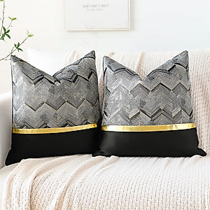 OTOSTAR Set of 2 Throw Pillow Covers for Bed Couch Sofa Car Decor Luxury Modern Minimalist Gold Leather Stitching Wavy Stripes Square Pillowcase Cushion Cover Black, 16x16 Inch