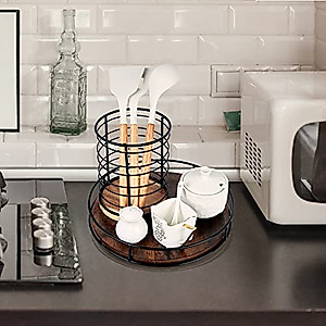 12 Inch Wood Lazy Susan Turntable for Table, Kitchen Rustic Brown Turntable Organizer with Steel Frame, 360 Degree Decorative Turntable for Countertop Cabinet or Centerpieces