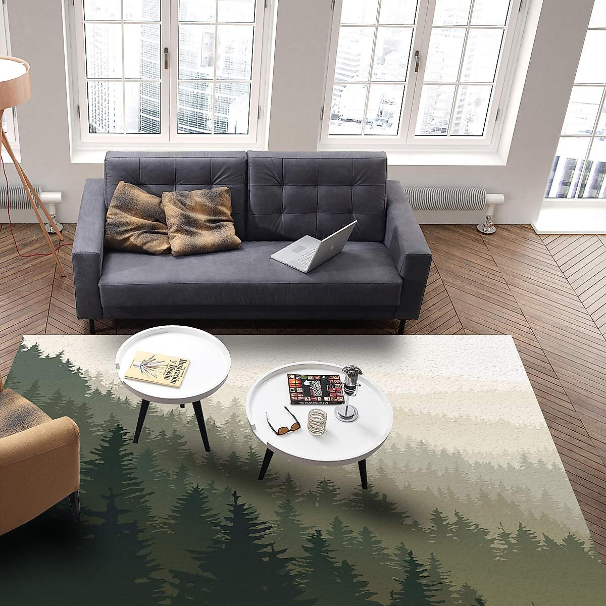 Large Area Rugs 5' x 7' Throw Carpet Floor Cover Nursery Rugs For Children/Kids, Northern World with Coniferous Trees Scandinavian Woodland, Modern Kitchen Mat Runner Rugs For Living Room/Bedroom
