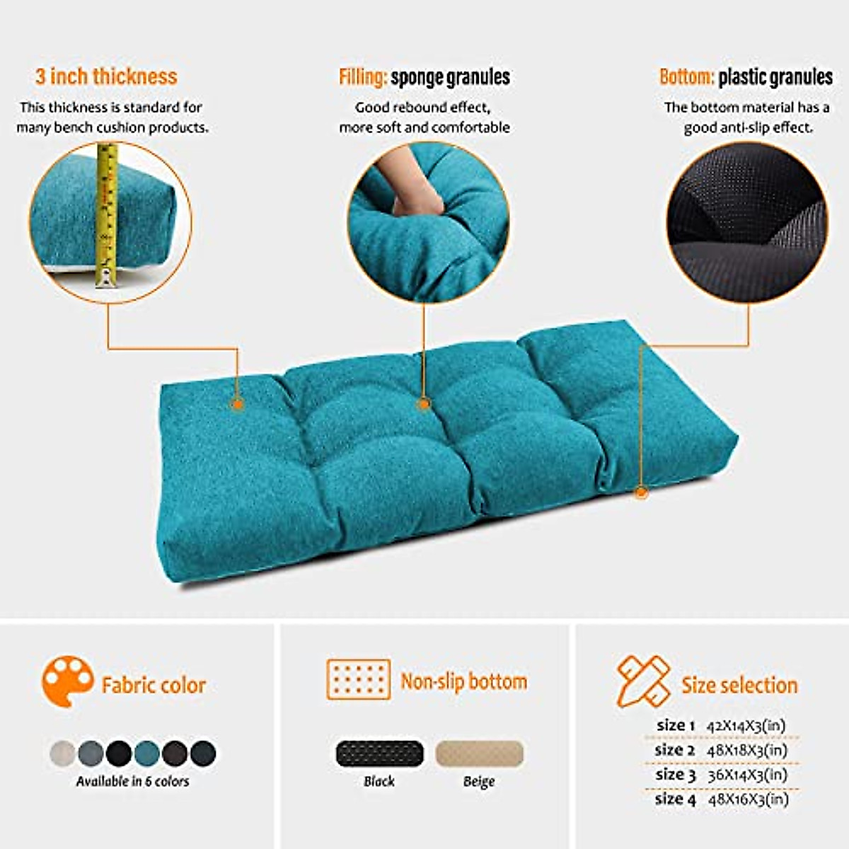 RULAER Indoor/Outdoor Tufted Bench Cushion 48x16'' for Patio Furniture Soft Comfortable Window Seat Cushions for Multi-Scene Durable Non-Slip Washable Garden Patio Swing Furniture Pads,Blue