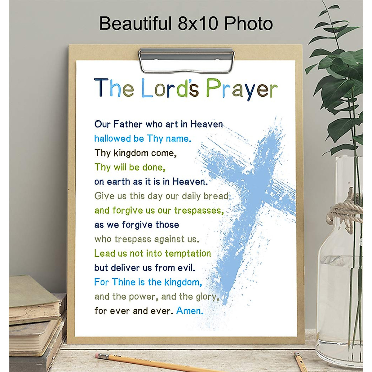 Lords Prayer Bible Verse Wall Art - Religious Scripture Boys Room Decor - Christian Gifts for Toddler or Baby Boys Bedroom, Son - Blessed Church Sunday School Kids Decorations - Cross Picture Poster