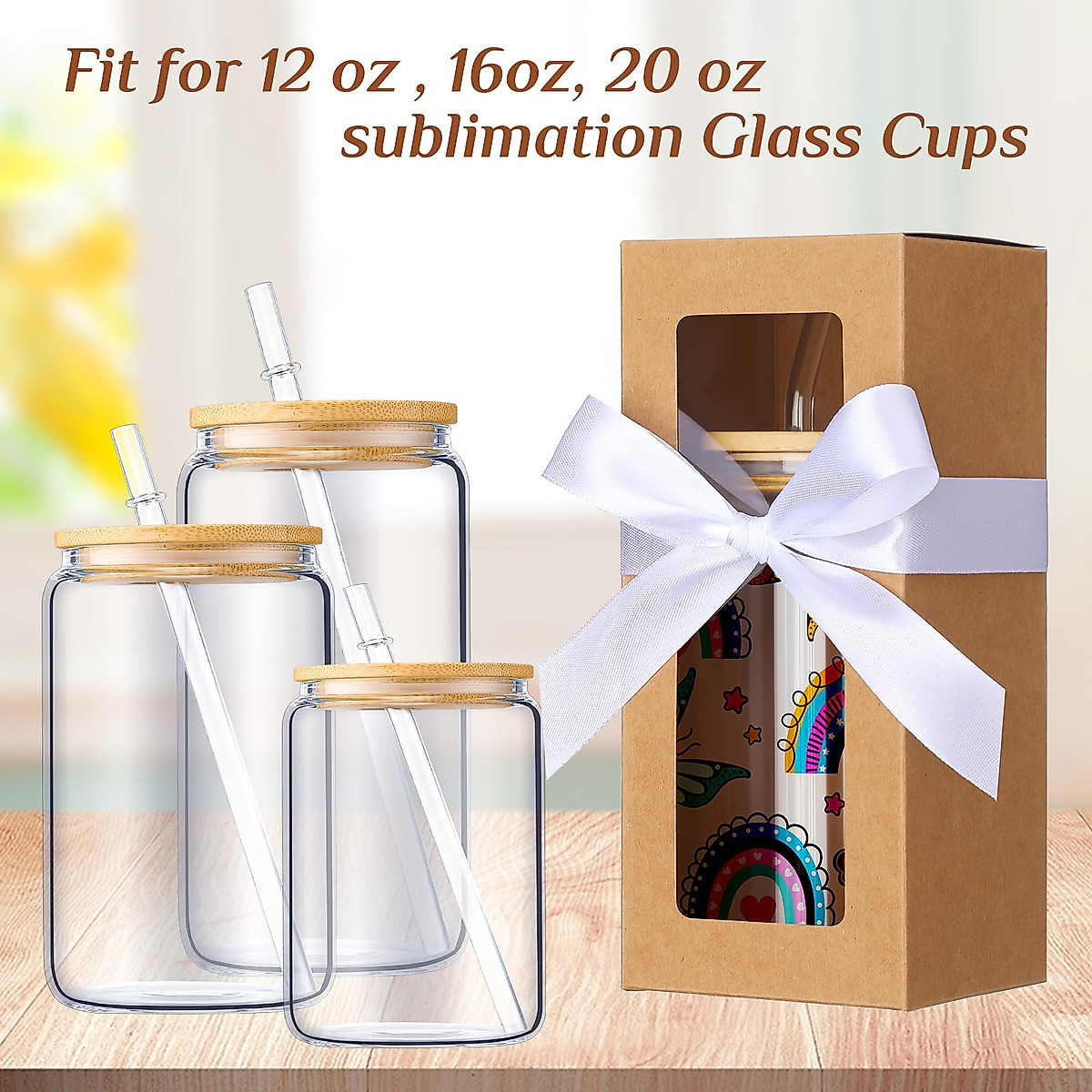 FillTouch 60 Pcs Gift Boxes with Ribbon for Sublimation Glass Exhibition Boxes Transparent Gift Box for 12oz 16oz 20oz Drinking Glasses Jar Sublimation Glass Can Blank Tumbler Gift Box (Brown)