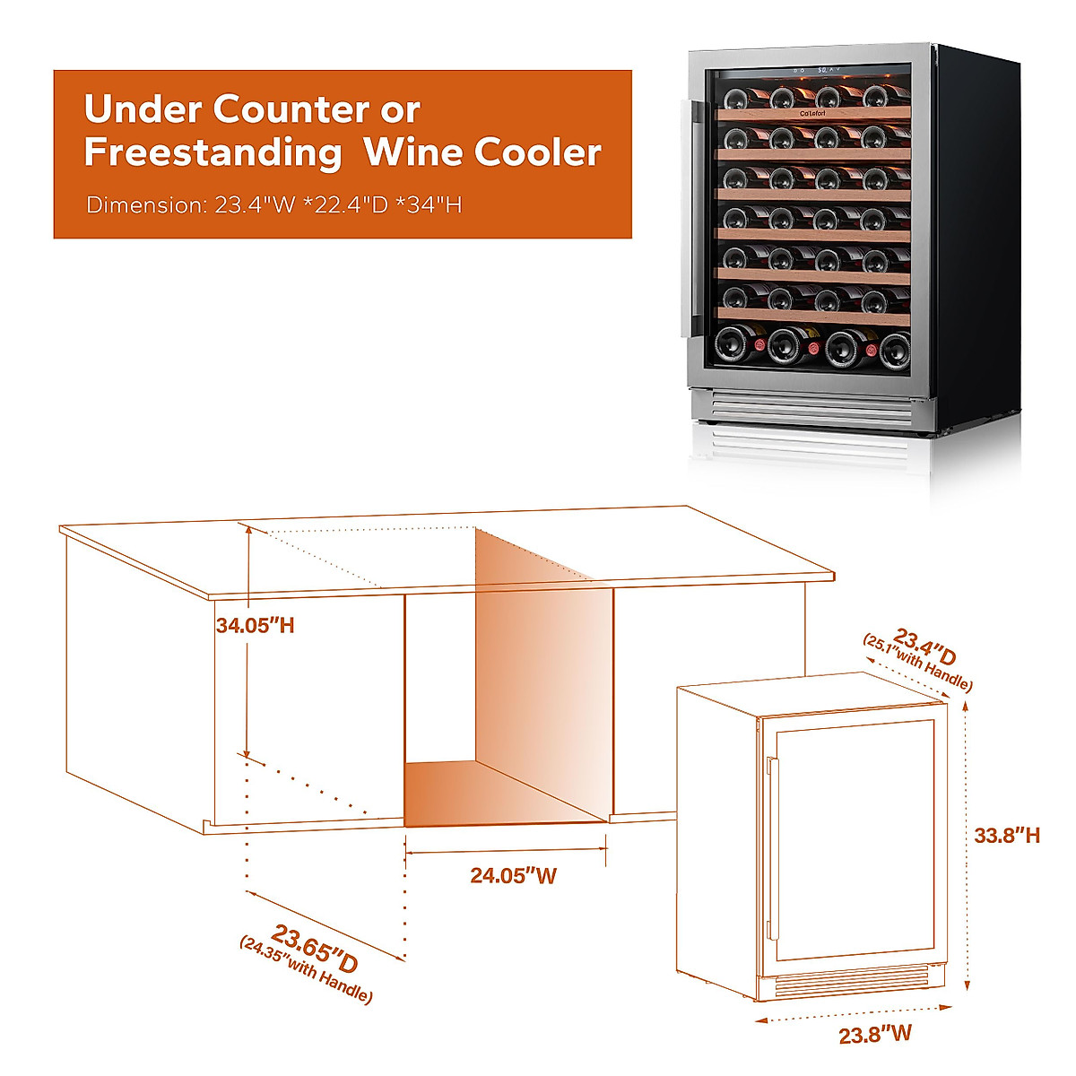 Ca'Lefort 24 Inch Wine Fridge, 54 Bottle Wine Cooler Refrigerator, 40-65°F Wine Refrigerator Glass Door, 3 LED Wine Fridge, Built-in or Freestanding Wine Fridge for Home/Bar/Kitchen (5.65 cu.ft)