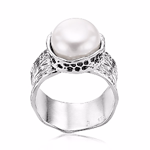 925 Sterling Silver Ring With Freshwater Pearl, Bold Textured, Bezel Set, Vintage Look Stylish Hypoallergenic, Nickel and Lead-free, Artisan Handcrafted Designer Collection Made in Israel (Size 5-11)