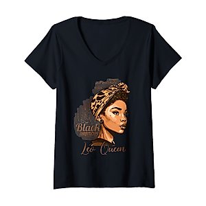 Womens Leo Zodiac Black Queen Melatonin Birthday Astrology Cute V-Neck T-Shirt