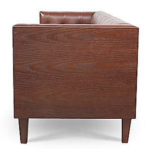 76'' Leather Chesterfield Sofa, Upholstered Tufted Modern Couch with 2 Pillows, Nailhead and Solid Wood Armrest Side Board, 3 Seater Sofa with Wooden Legs for Living Room, Bedroom, Office (Brown)