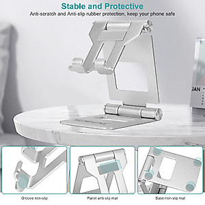 YOSHINE Phone Stand, Adjustable Cell Phone Stand, Foldable Cell Phone Holder with Non-Slip Base, Portable Phone Holder for Desk, Solid Aluminum Stand Holder Dock for iPhone All Smart Phones - Silver