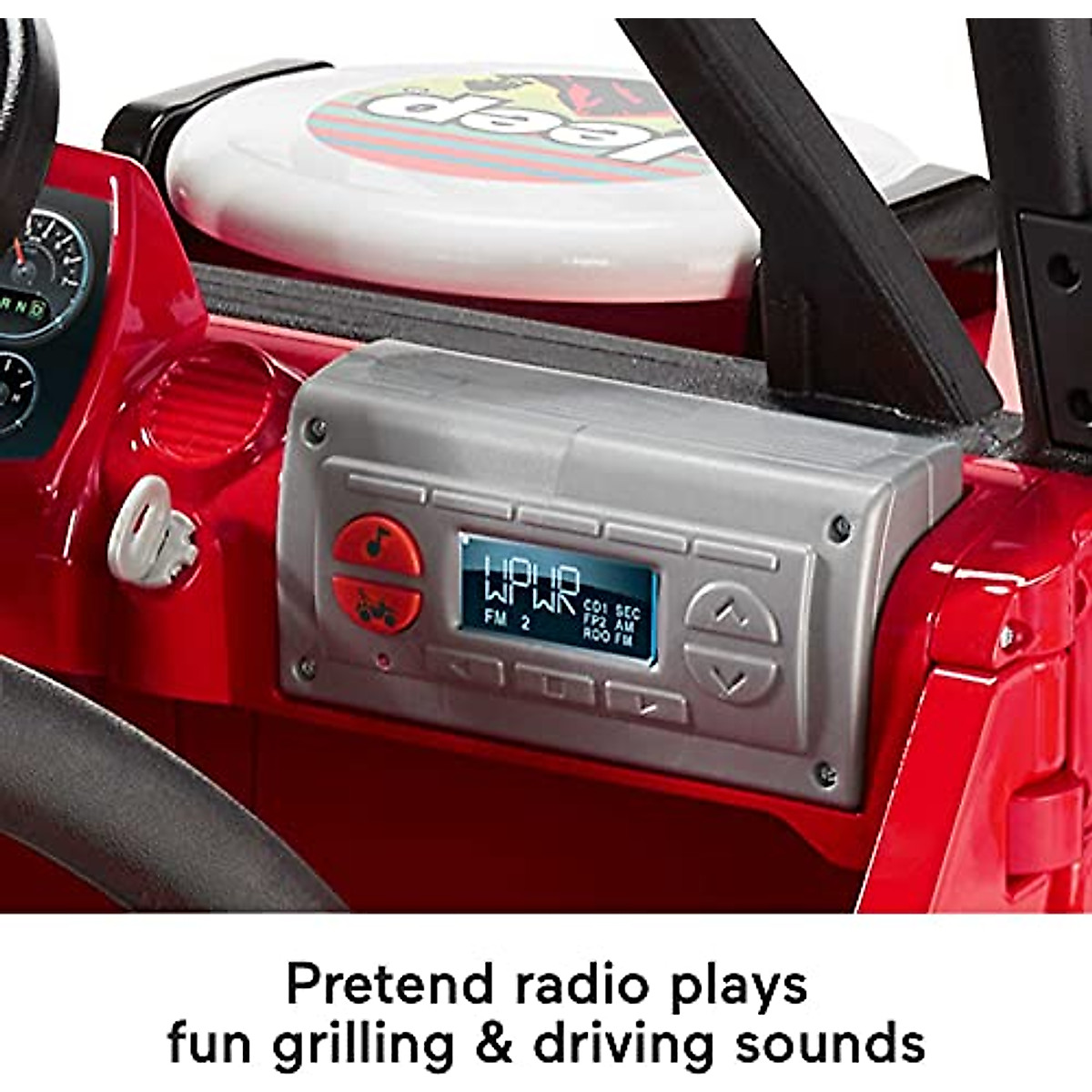 Power Wheels Ride-On Toy BBQ Fun Jeep Wrangler Battery-Powered Vehicle with Sounds, Pretend Grill & 5 Food Pieces, Preschool Kids 3+ Years​