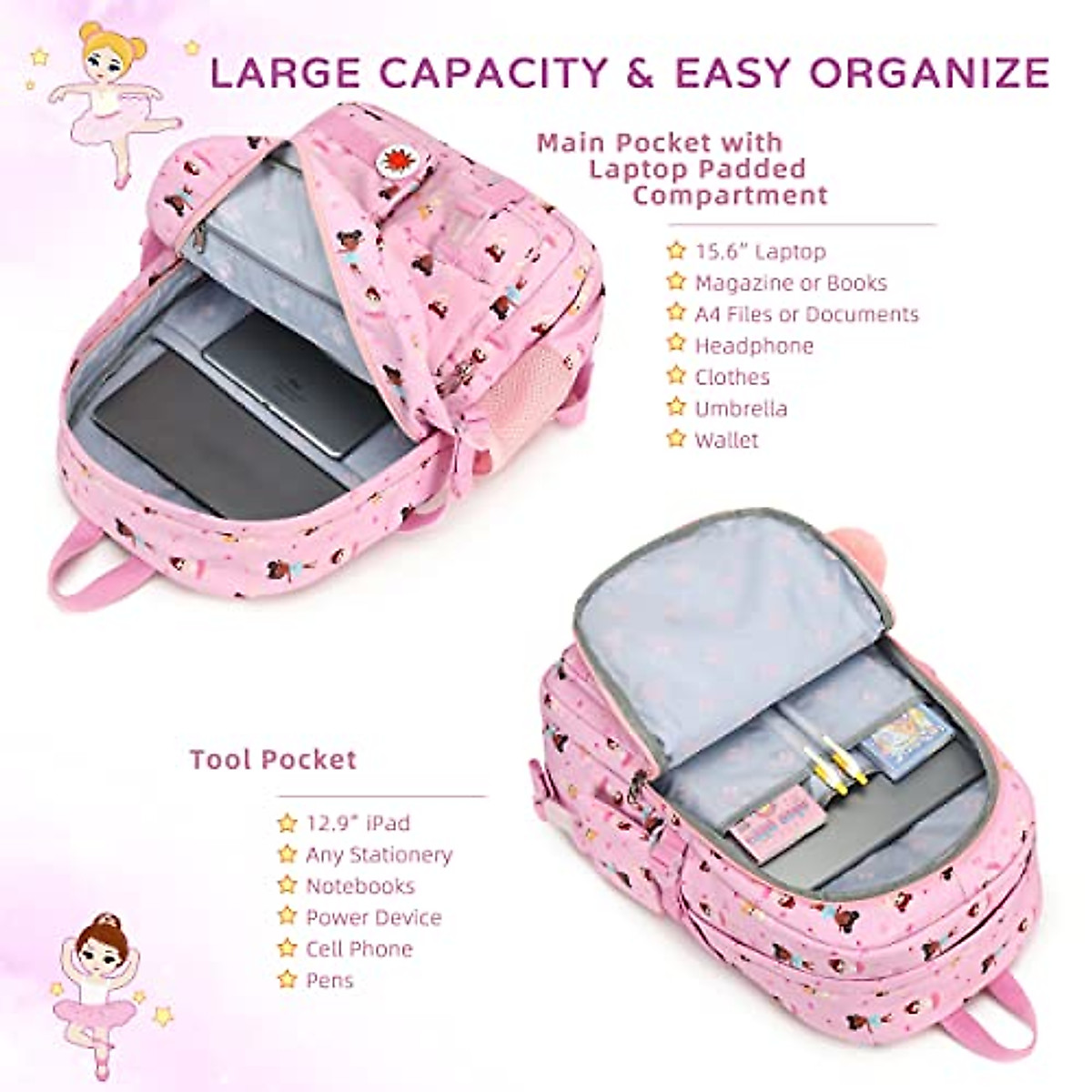 KIDNUO Girls Backpack,15.6 Inch Laptop School Bag Large Primary Elementary Middle College Bookbags Kids Backpacks for Teens Girls Women Students Anti Theft Travel Daypack ( Pink Ballerine )