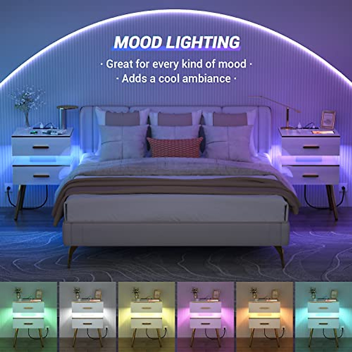 Cyclysio 28.5'' White Nightstand with Charging Station, Tall Bedside Tables with Led Lights, Bed Side Table Night Stand with Drawers for Bedroom and Sofa Side, Bright White Finishing