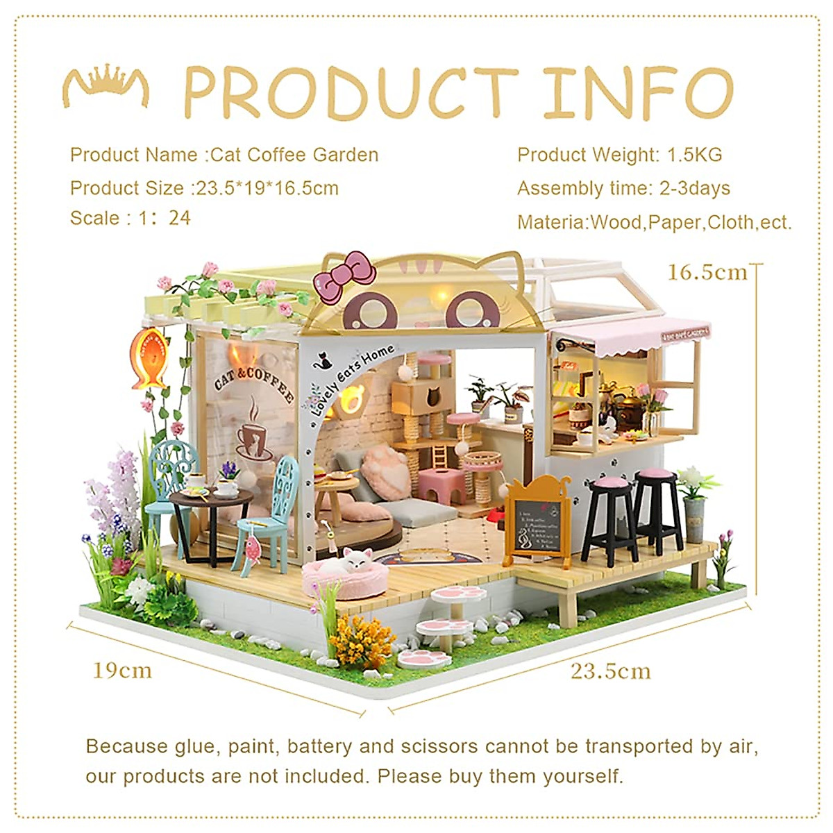 CUTEBEE Dollhouse Miniature with Furniture, DIY Wooden Dollhouse Kit Plus Dust Proof, Creative Room Idea(Cat Coffee Garden)