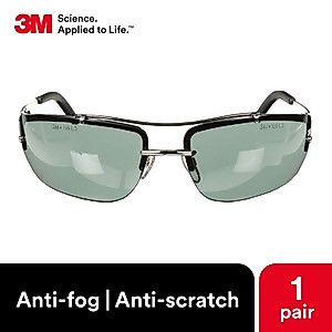 3M Safety Glasses, Metaliks, ANSI Z87, Anti-Fog, Gray Lens, Polished Metal Frame, Adjustable Bridge