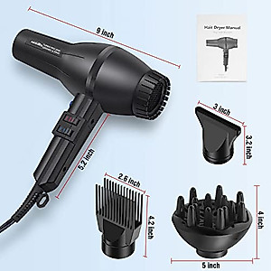 ARDIRO 2000W Professional Hair Dryer, Negative Ionic Salon Hair Blow Dryer for Quick Drying with AC Motor, Hairdryer with Diffuser & Concentrator, 3 Heat & 2 Speed Setting for Women Men Kids -Black