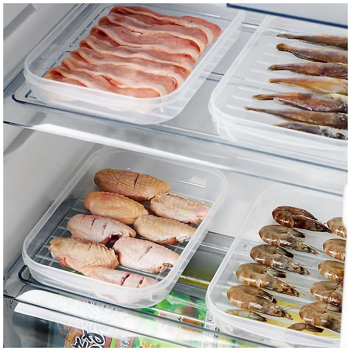 WOPPLXY 6 Pack Bacon Keeper, Plastic Deli Meat Container with Lids, Airtight Cold Cuts Storage Containers for Fridge Storage Box Food Shallow Low Profile Bacon Holder with 3 Pcs Buffet Serving Tongs