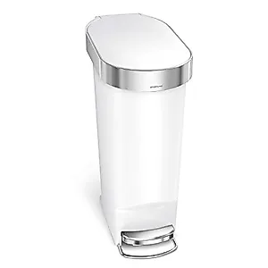 simplehuman 40 Liter / 10.6 Gallon Slim Kitchen Step Trash Can with Liner Rim, 40L, White