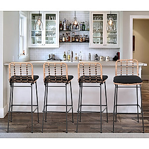 Patiorama Outdoor Bar Stools Set of 4, Patio Counter Height Stools & Bar Chairs w/Footrest, Hand-Woven Armless Beige Rattan Bar Set Patio Furniture for Garden,Pool, Indoor,Cafe,Kitchen(Black Cushion)