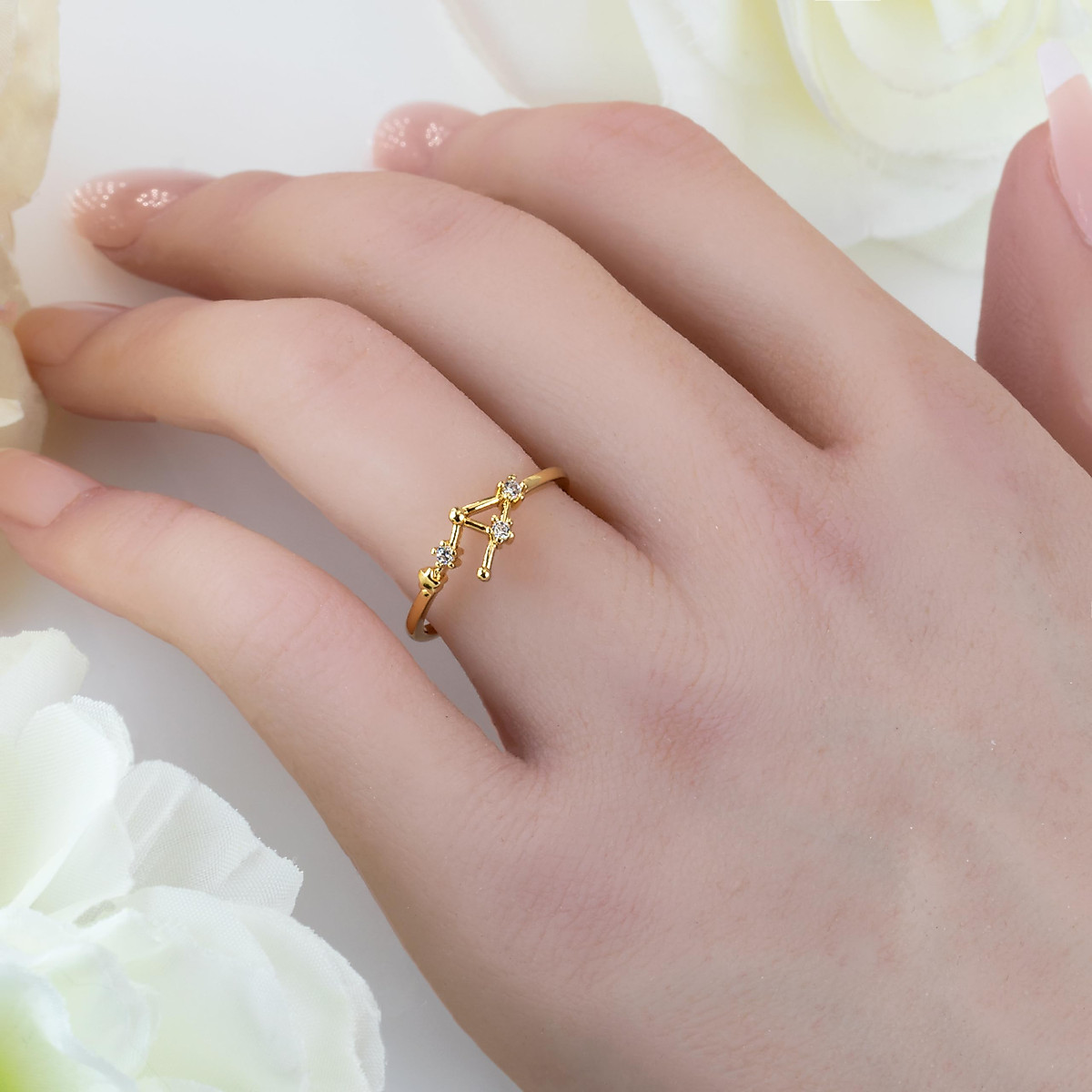 Zodiac Constellation Ring with Cubic Zirconia Stones Made of Zinc, Steel & Brass (Libra & Gold, 8)